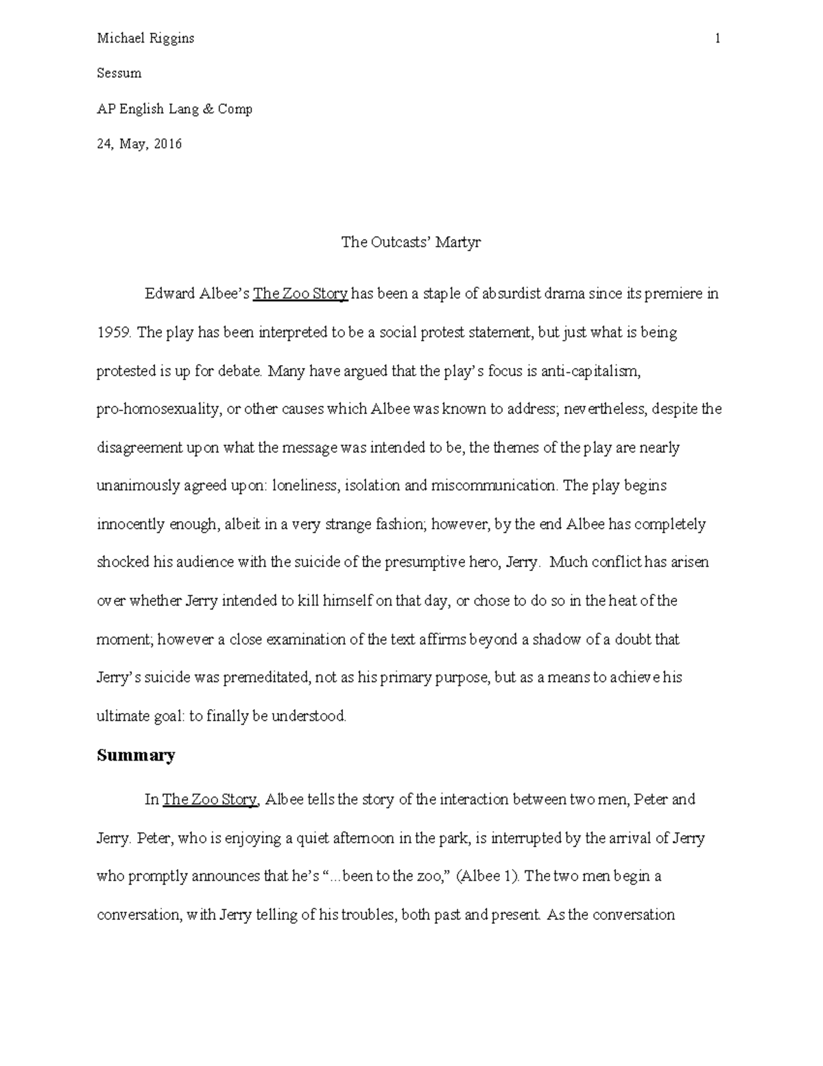 The Outcasts Martyr A Psychoanalysis of - Michael Riggins 1 Sessum AP ...