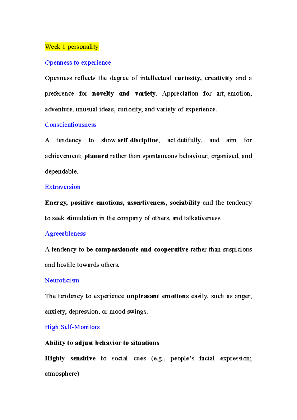 Ob notes - Week 1 personality Openness to experience Openness reflects ...