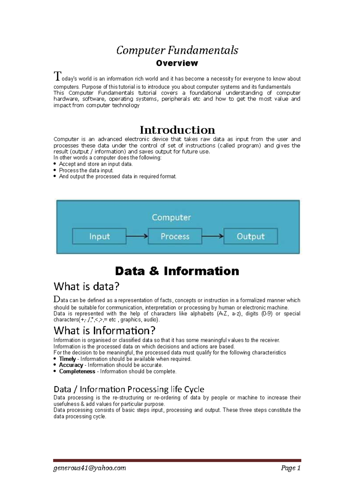 Computer Fundamentals - Computer Fundamentals Overview Today’s world is ...