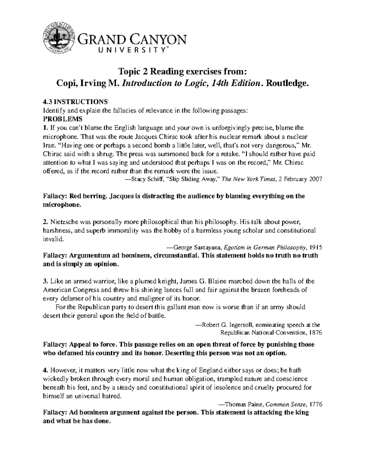 COM362 T2 Reading Exercises - Topic 2 Reading exercises from: Copi, Irving M. Introduction to ...