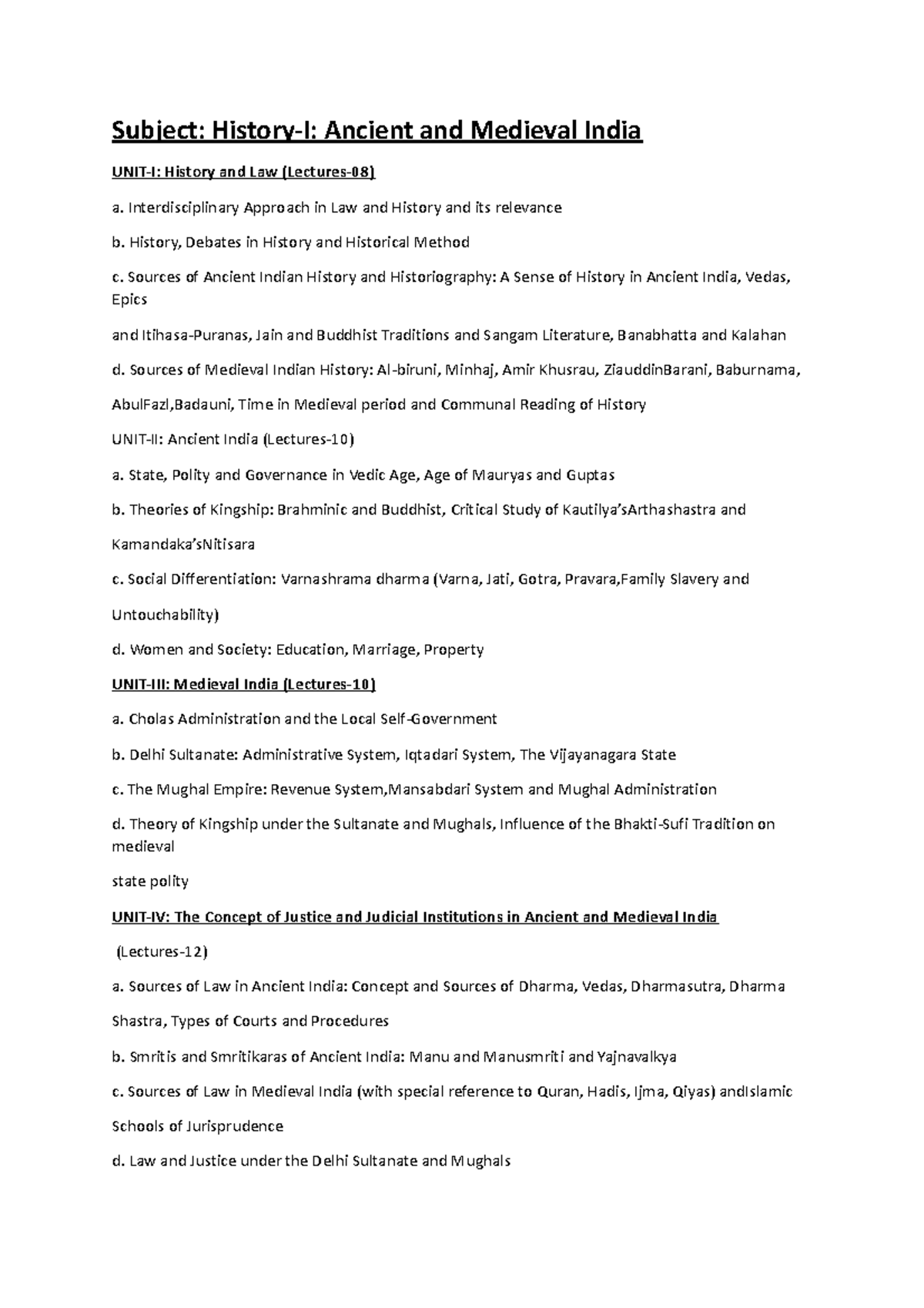 1st semester syllabus - Subject: History-I: Ancient and Medieval India ...