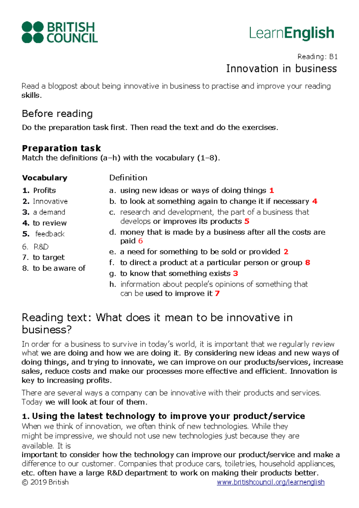 practica matematicas - Reading: B Innovation in business Read a ...