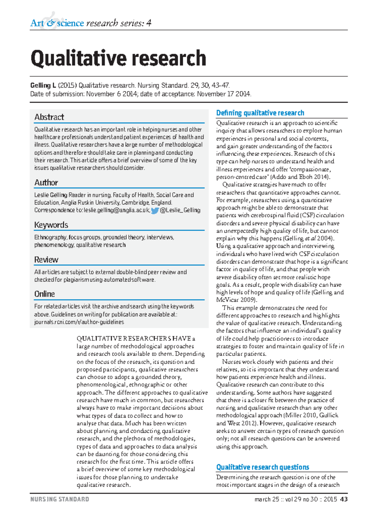 Qualitative research - NURSING STANDARD march 25 :: vol 29 no 30 ...