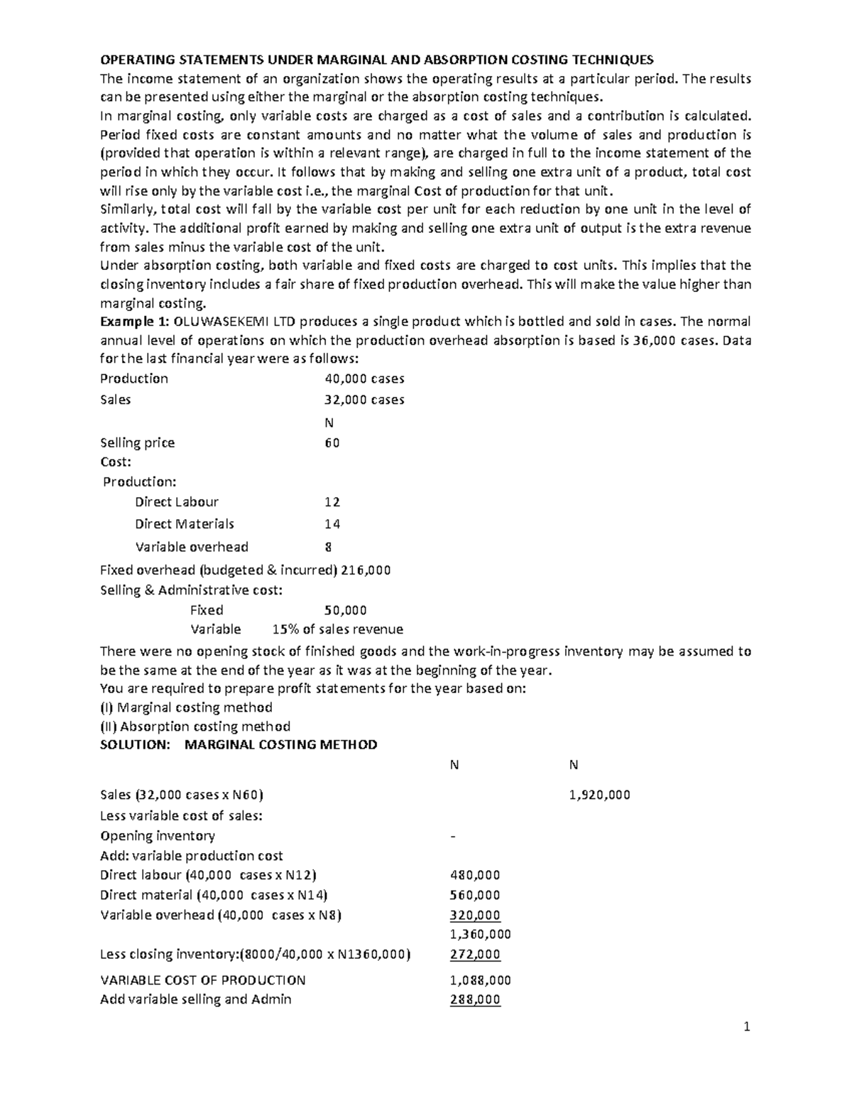 Operating Statement- Marginal and Absorption Costing - ϭ OPERATING ...