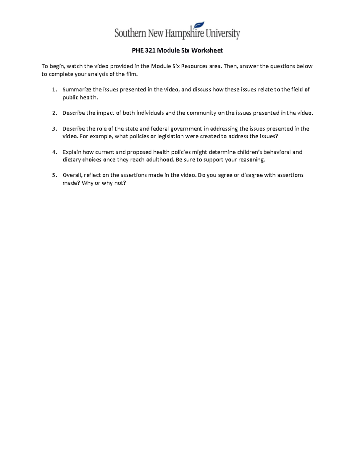 PHE 321 Module Six Worksheet - PHE 321 Module Six Worksheet To begin ...