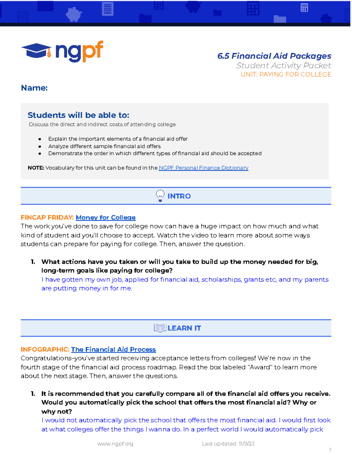 Untitled document - algebra - 6 Financial Aid Packages Student Activity ...