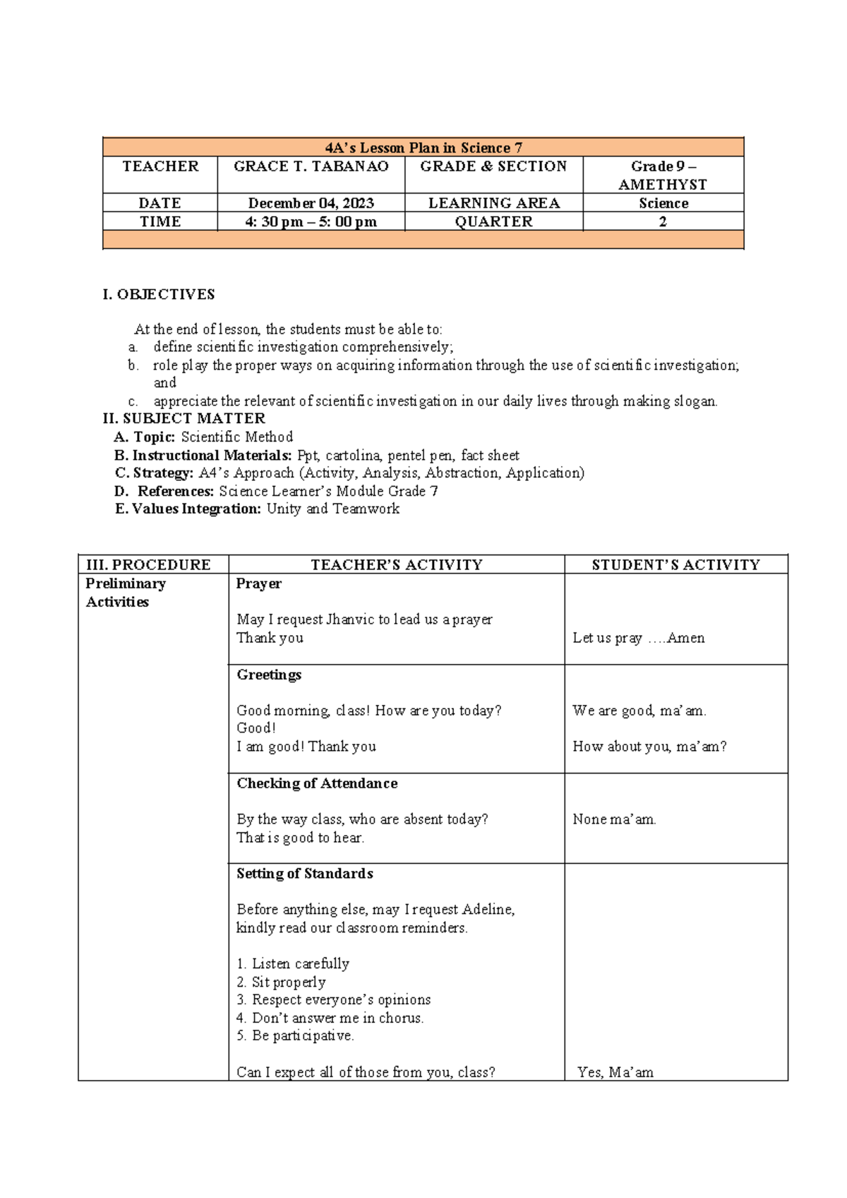 Grade 7 1st Q LP 1 - NONE - 4A’s Lesson Plan in Science 7 TEACHER GRACE ...