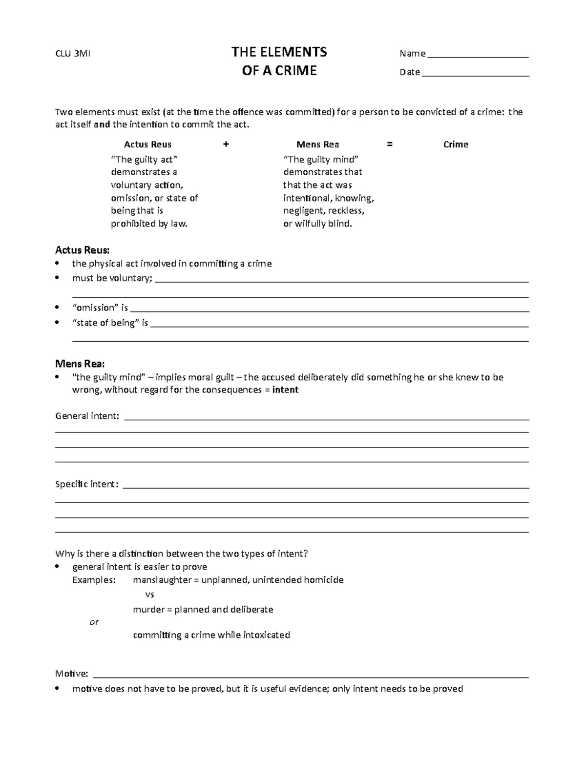 2 elements of a crime - Questions and Answers - CLU 3MI THE ELEMENTS ...