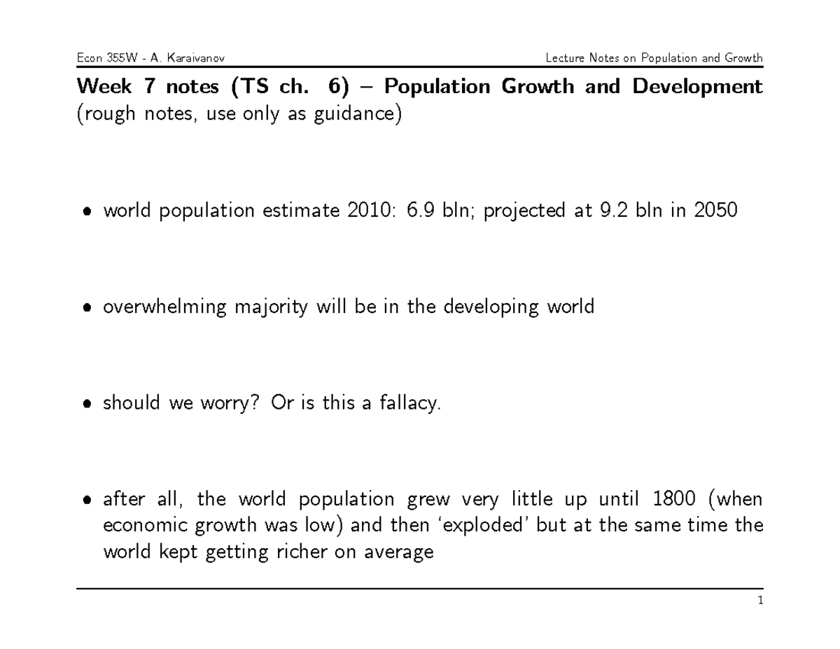 Week7 slides - Population Growth and Development - Econ 355W - A ...