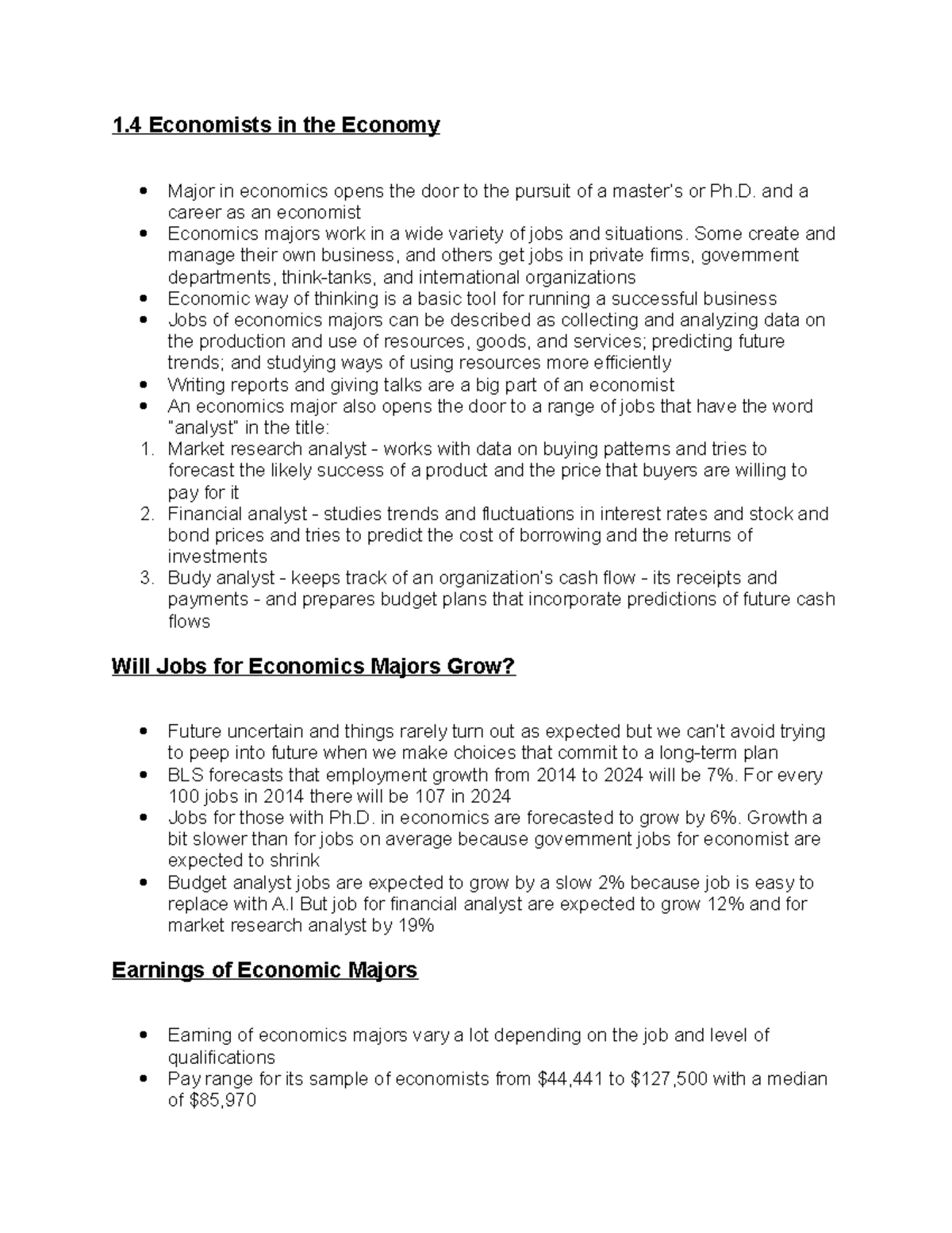 Chapter 1 - notes - 1 Economists in the Economy Major in economics ...