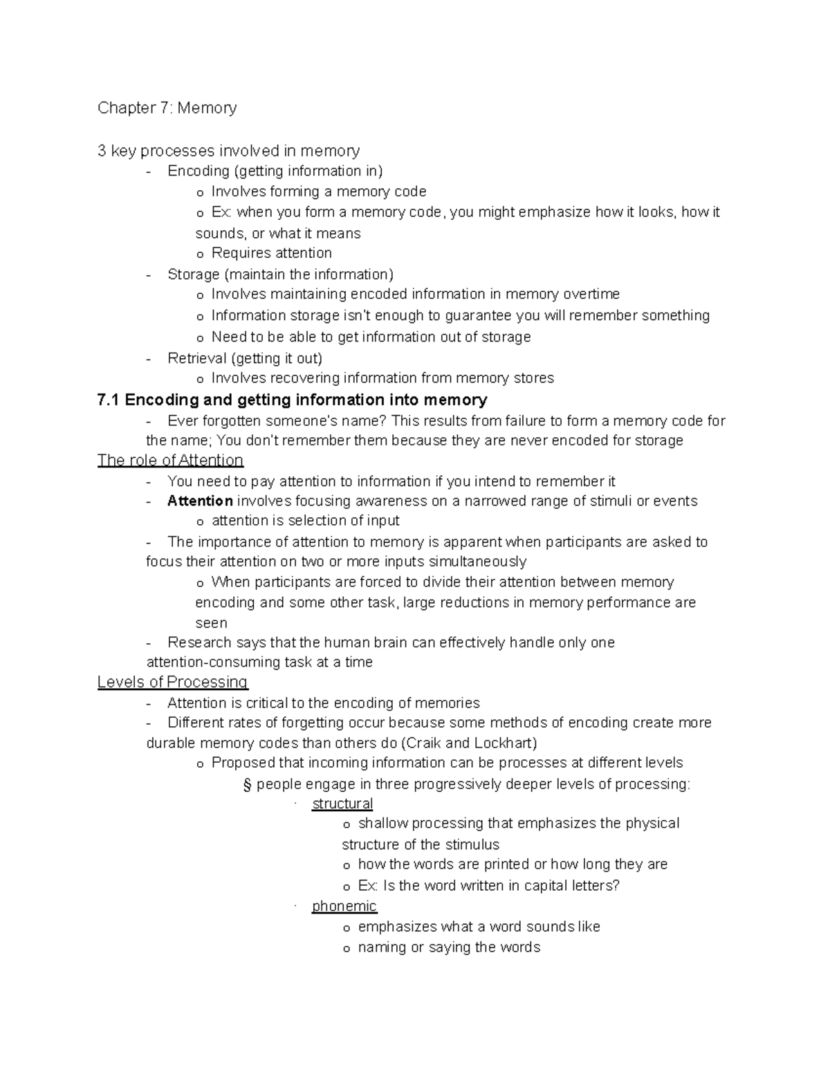 Chapter 7 Memory - psyc 101 - Chapter 7: Memory 3 key processes ...