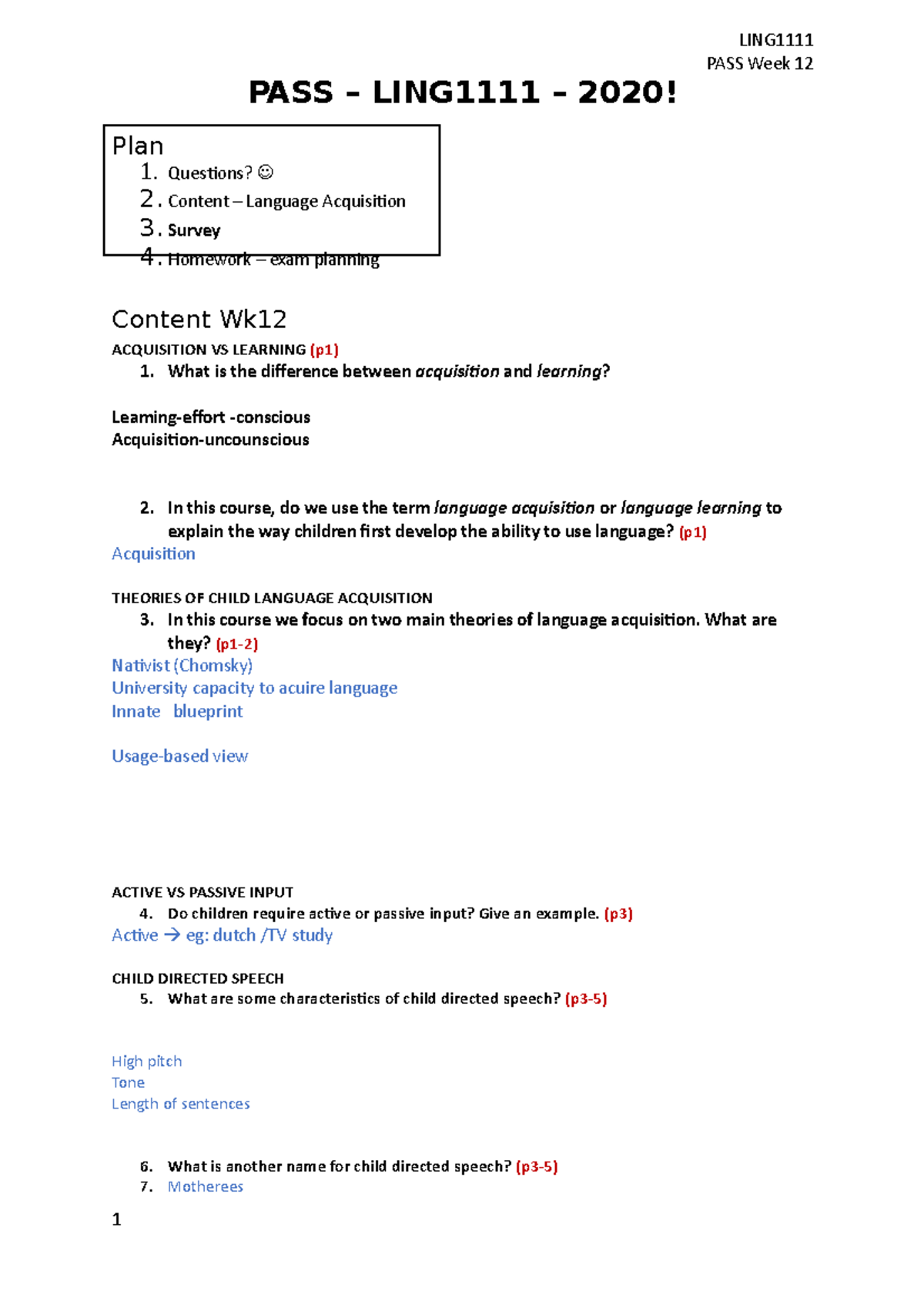 Session 12 student - very helpful - PASS Week 12 PASS – LING1111 – 2020! Plan 1. Questions? 2 ...