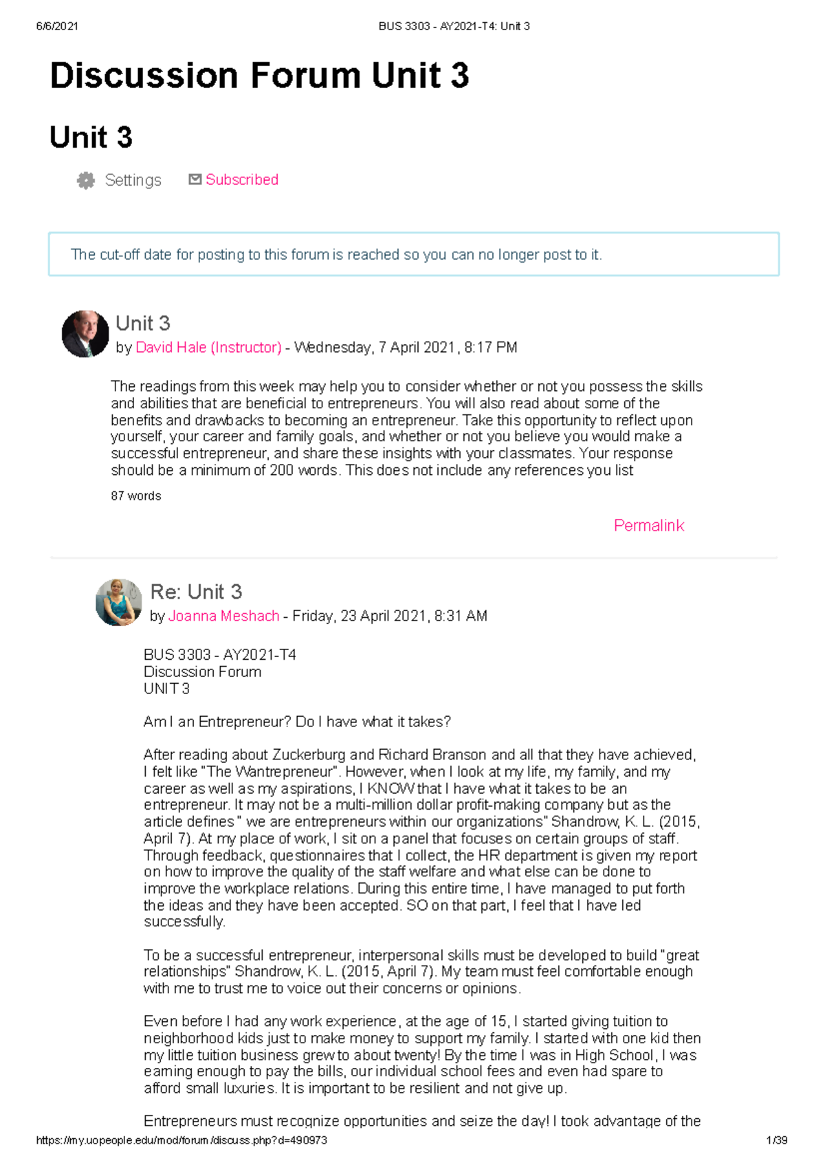 Discussion forum Unit 3 - The readings from this week may help you to ...