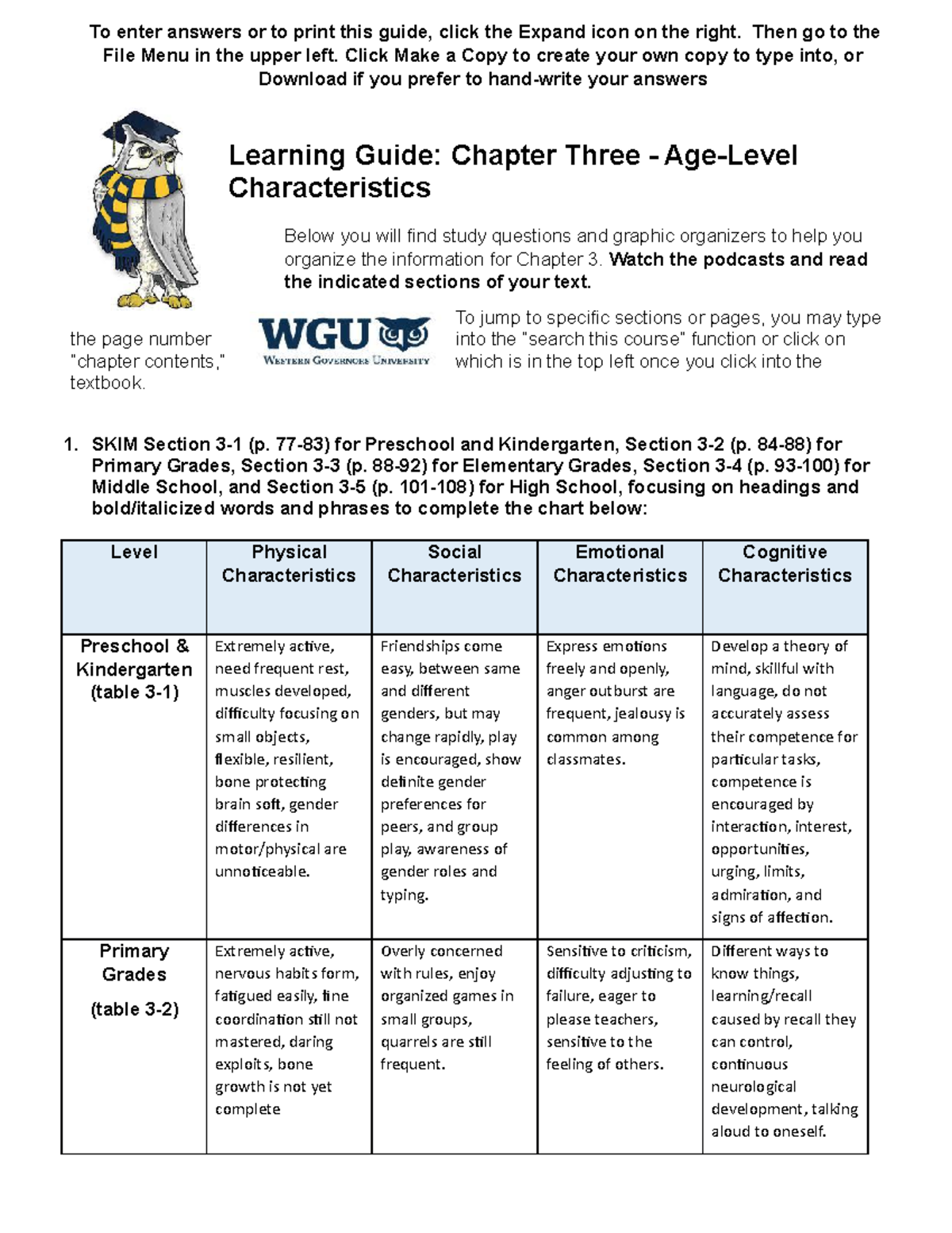 Chapter 3 Learning Guide study guide - To enter answers or to print ...