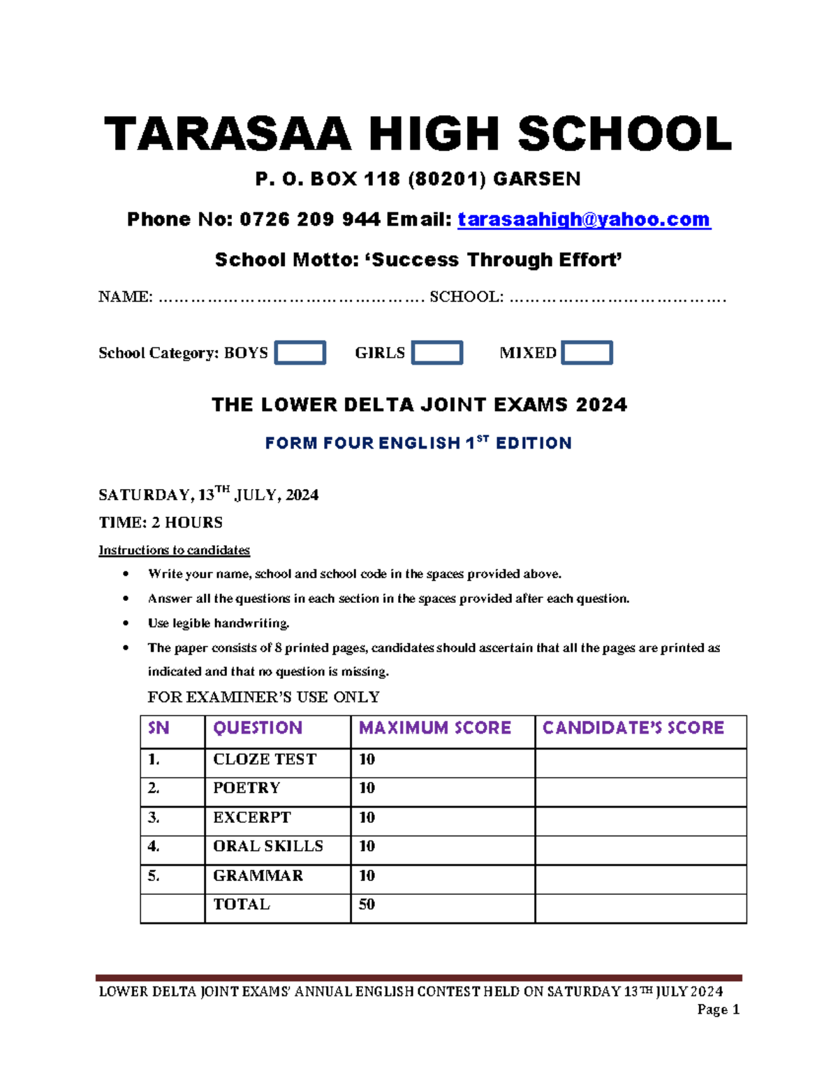 Contest for the senior class, form four - LOWER DELTA JOINT EXAMS ...