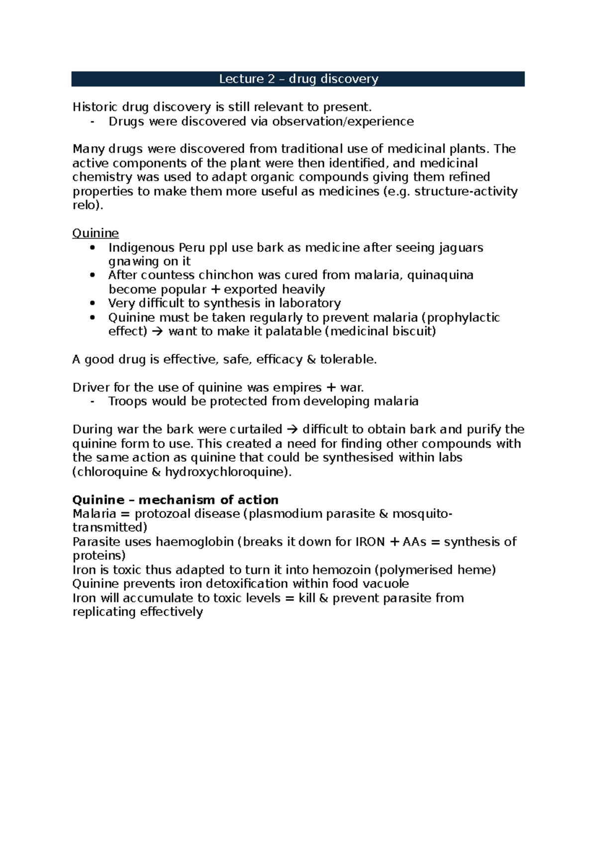 Notes lecture 2 - Drug discovery - Lecture 2 – drug discovery Historic ...