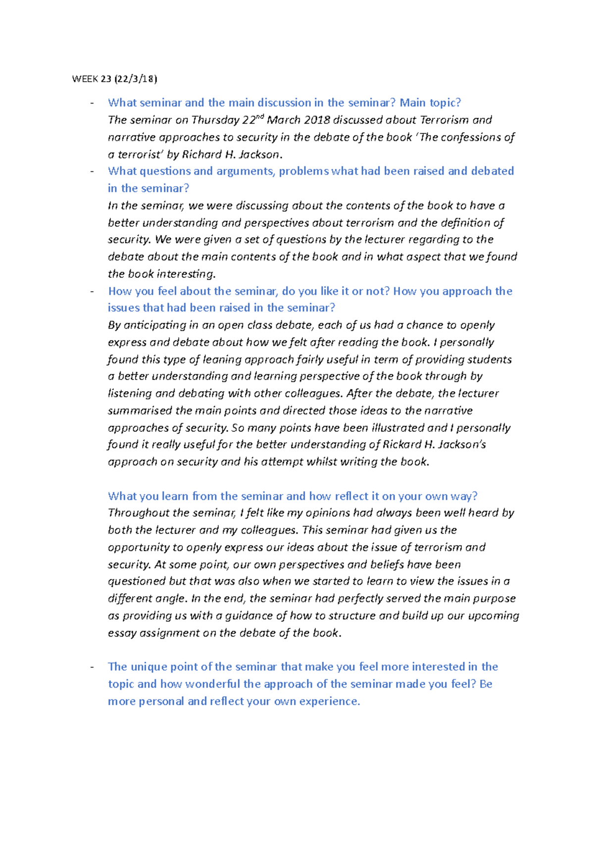 Seminar Reflection - WEEK 23 (22/3/18) What seminar and the main ...
