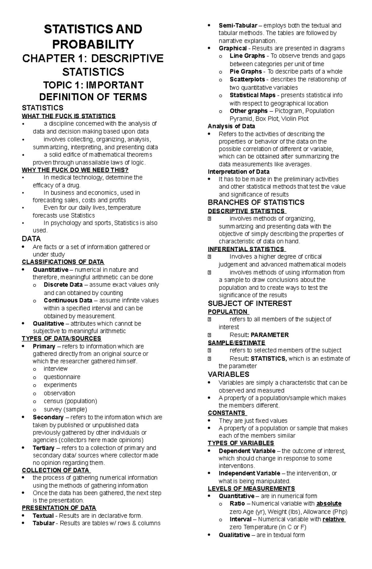 Statistics AND Probability - STATISTICS AND PROBABILITY CHAPTER 1 ...