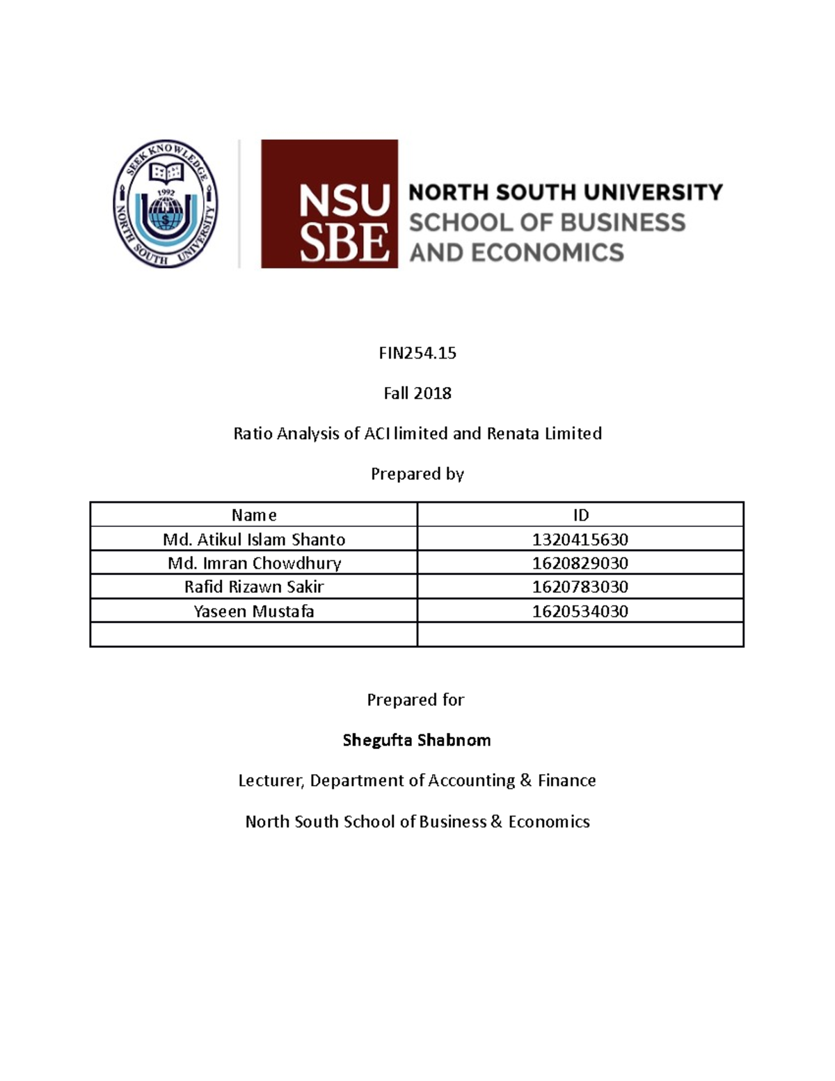 FIN254 Ratio Analysis ACI- Renata - FIN254. Fall 2018 Ratio Analysis of ...