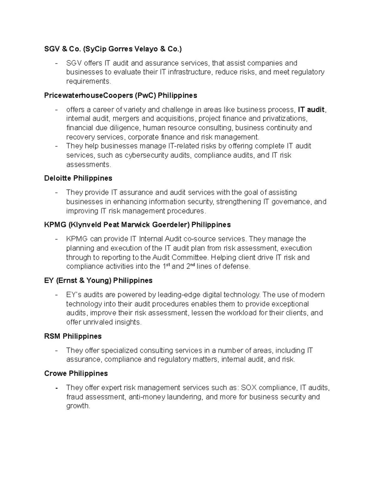 Entities that offer IT audit - SGV & Co. (SyCip Gorres Velayo & Co ...