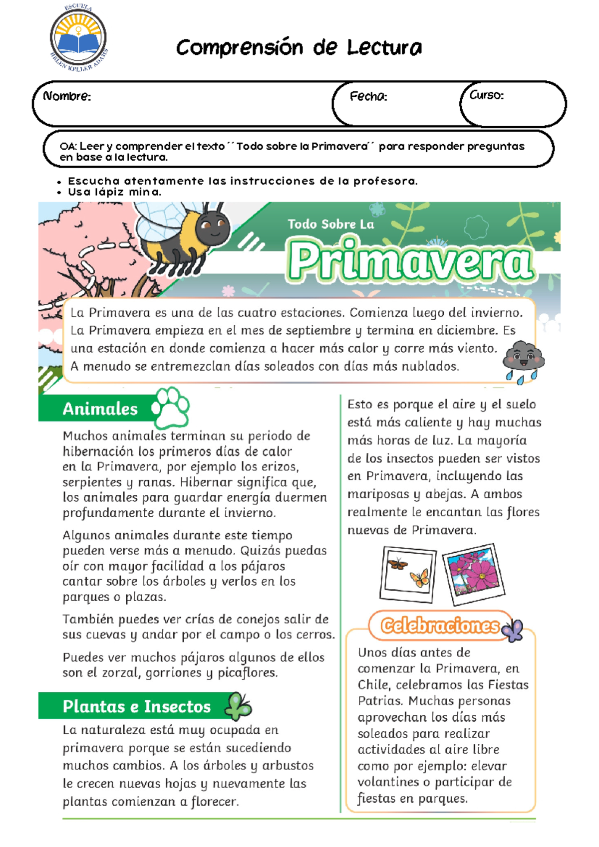Comprensión Lectora La Primavera - Comprensión de Lectura Fecha: OA ...