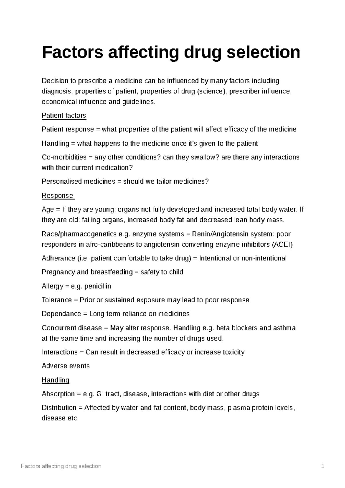 Factors affecting drug selection - Patient factors Patient response ...