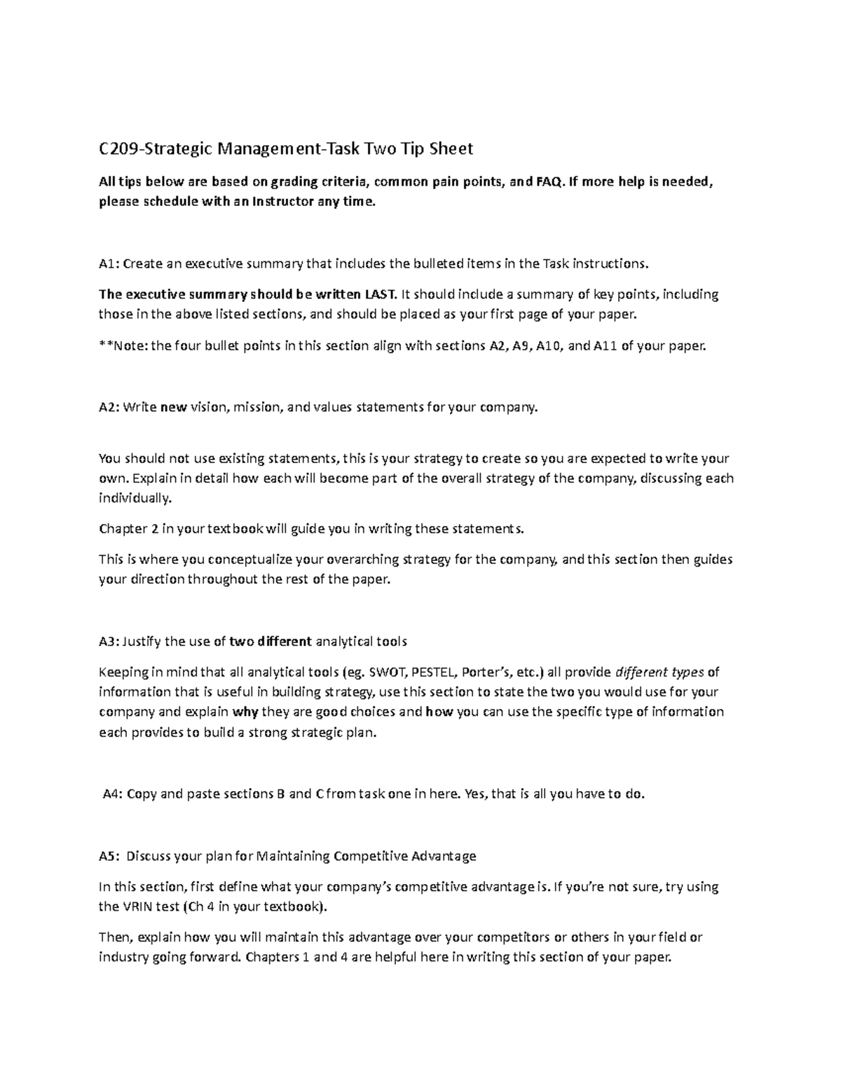 C209 Task 2 tip sheet 9-23 - C209-Strategic Management-Task Two Tip ...