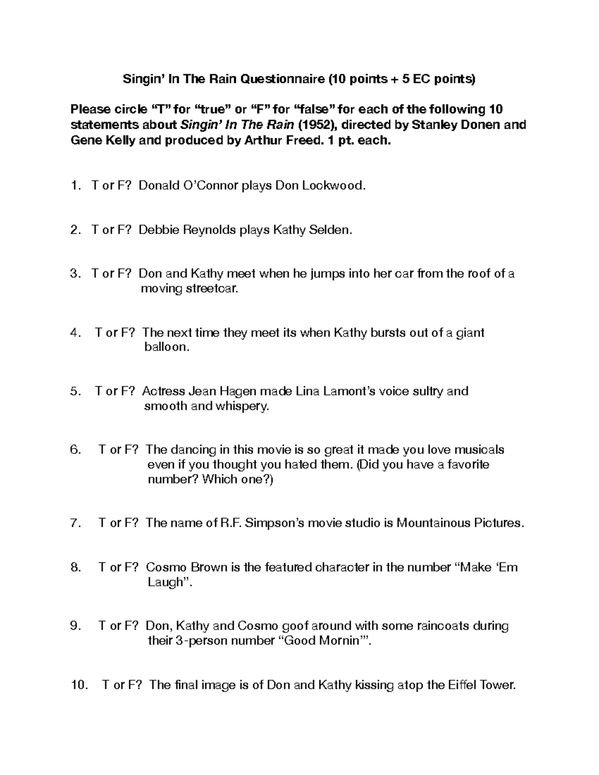Singin In The Rain Worksheet-1 - Singin’ In The Rain Questionnaire (10 ...