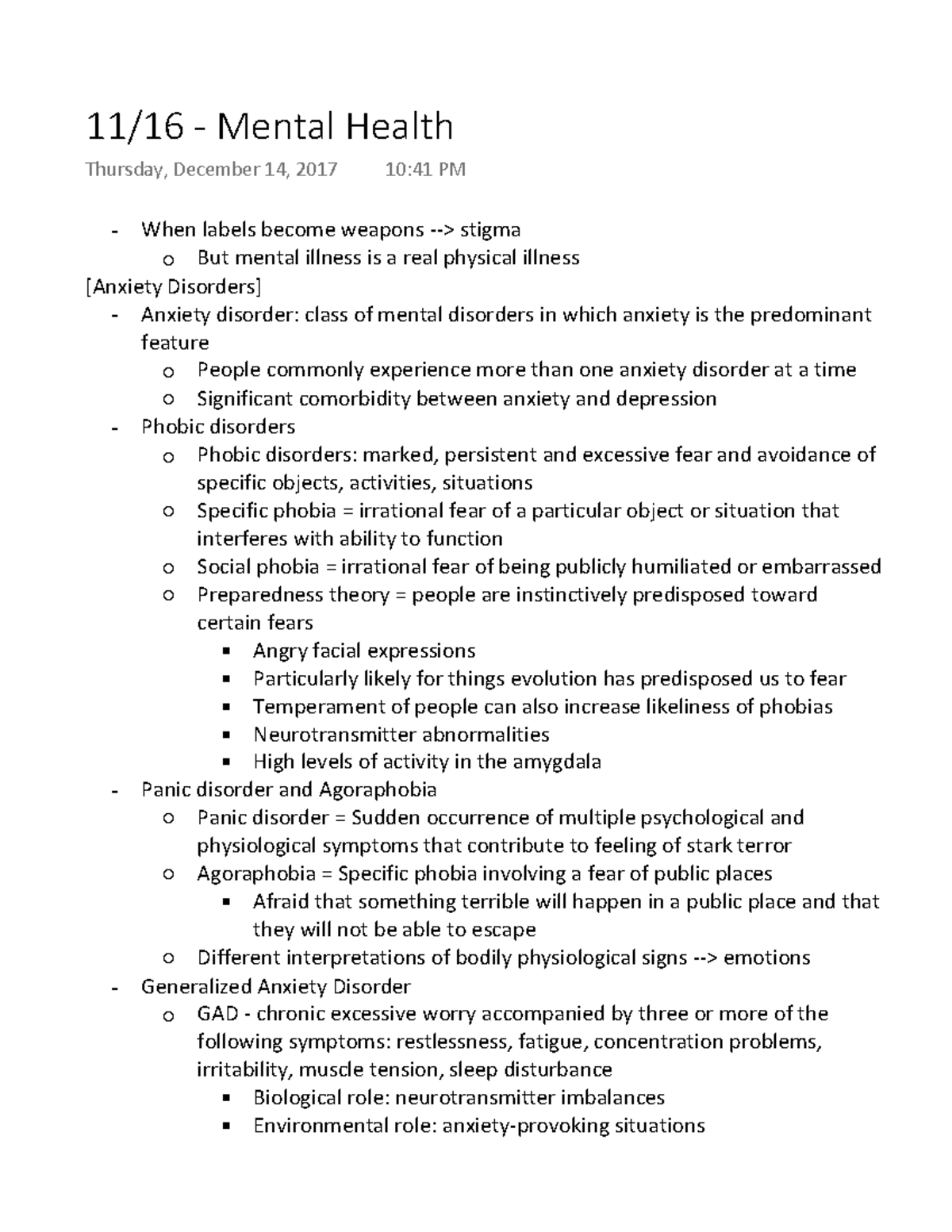 1116 - Mental Health - Lecture notes 21 - Mental Health Thursday ...