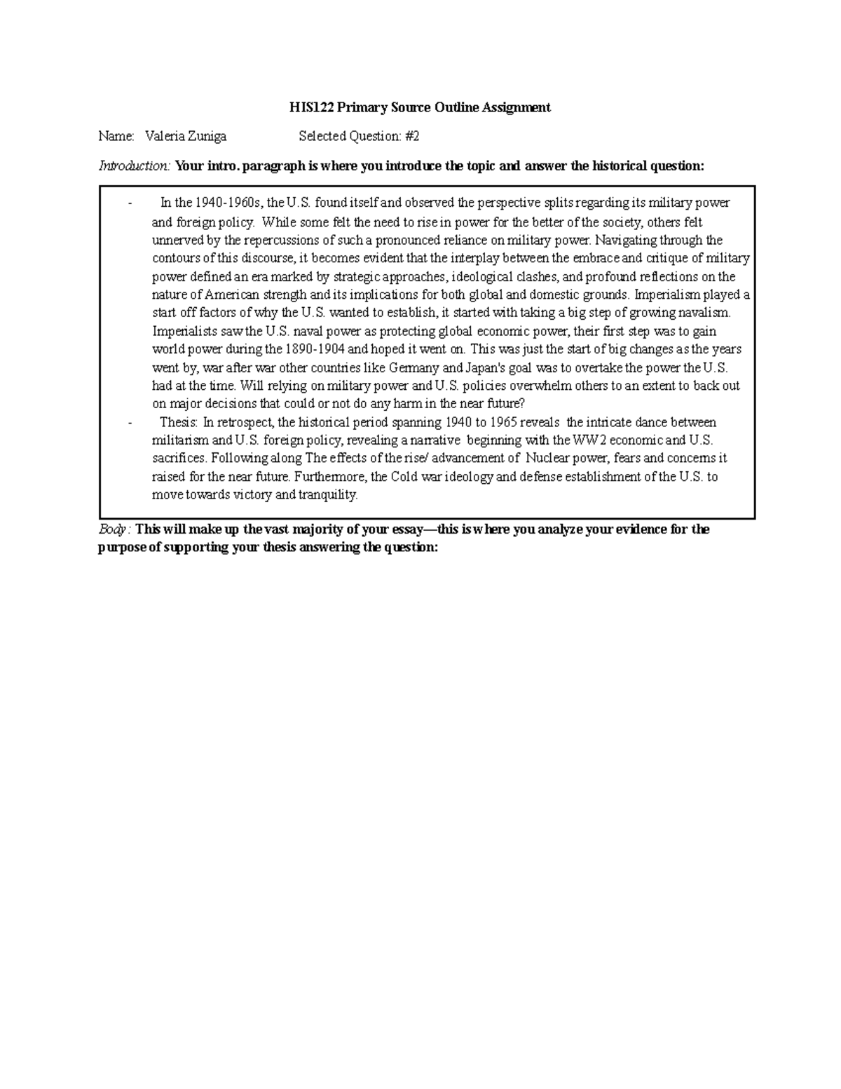 HIS 122 Outline - HIS122 Primary Source Outline Assignment Name ...