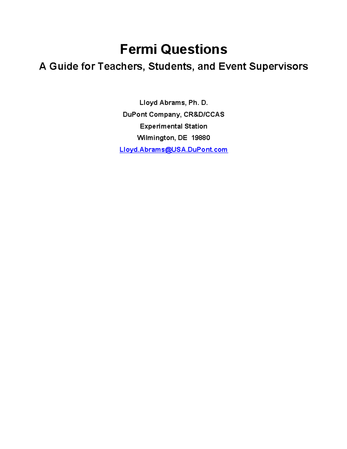 9627 Fermi Questions Handout - Fermi Questions A Guide for Teachers ...