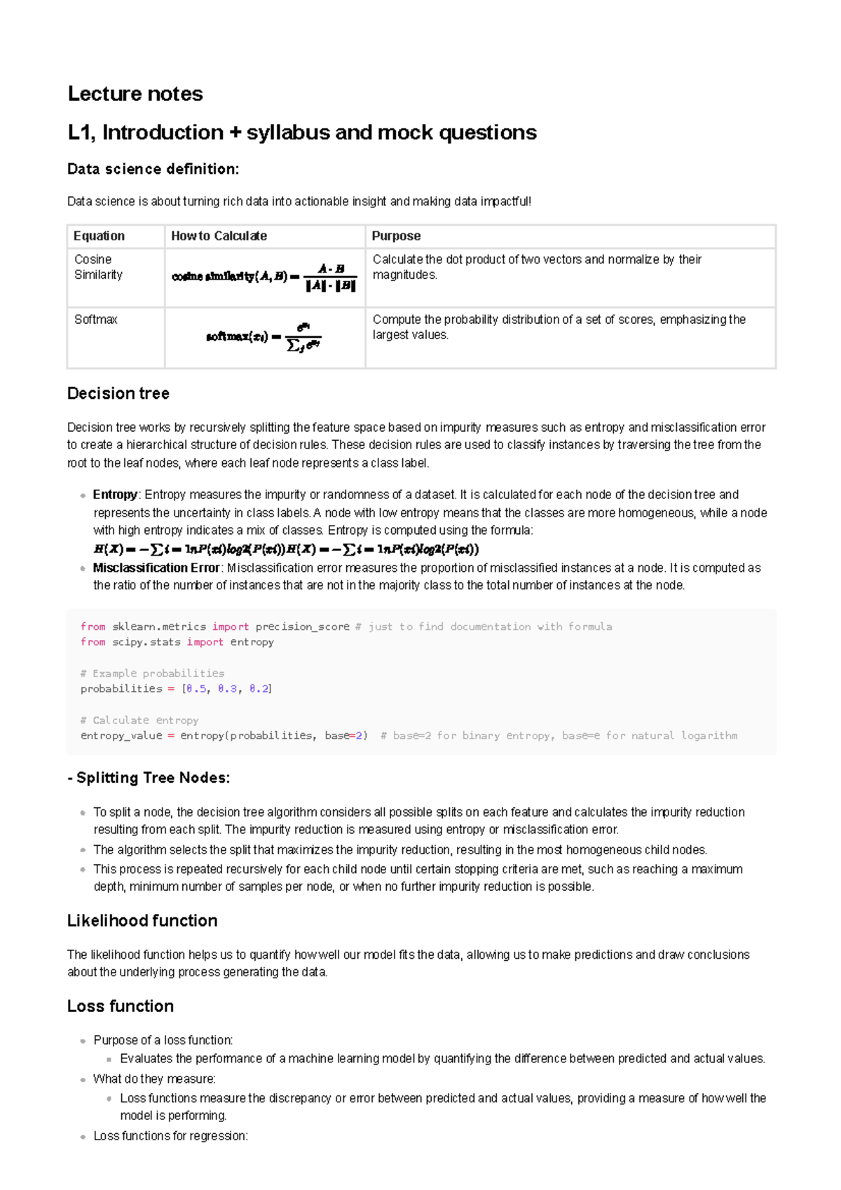Lecture Notes Bad Lecture Notes L1 Introduction Syllabus And Mock Questions Data Science 2900
