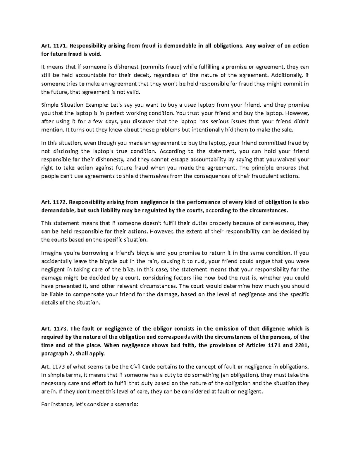 Article example - Art. 1171. Responsibility arising from fraud is ...