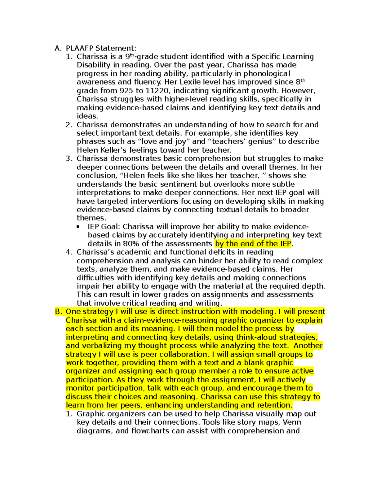D003 Task 1 - n/a - A. PLAAFP Statement: 1. Charissa is a 9th-grade ...