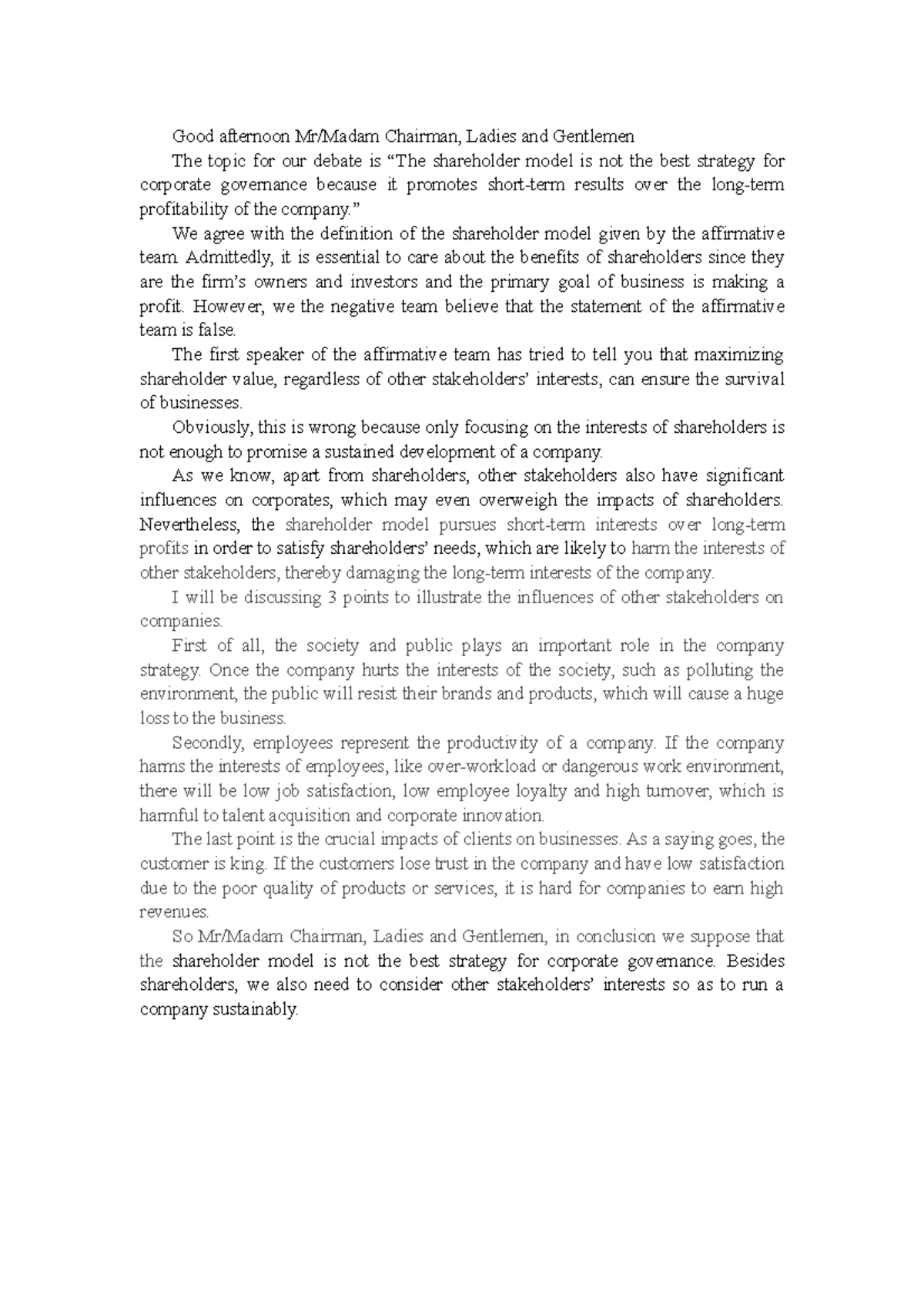 Debate Intro - my summary - Good afternoon Mr/Madam Chairman, Ladies ...