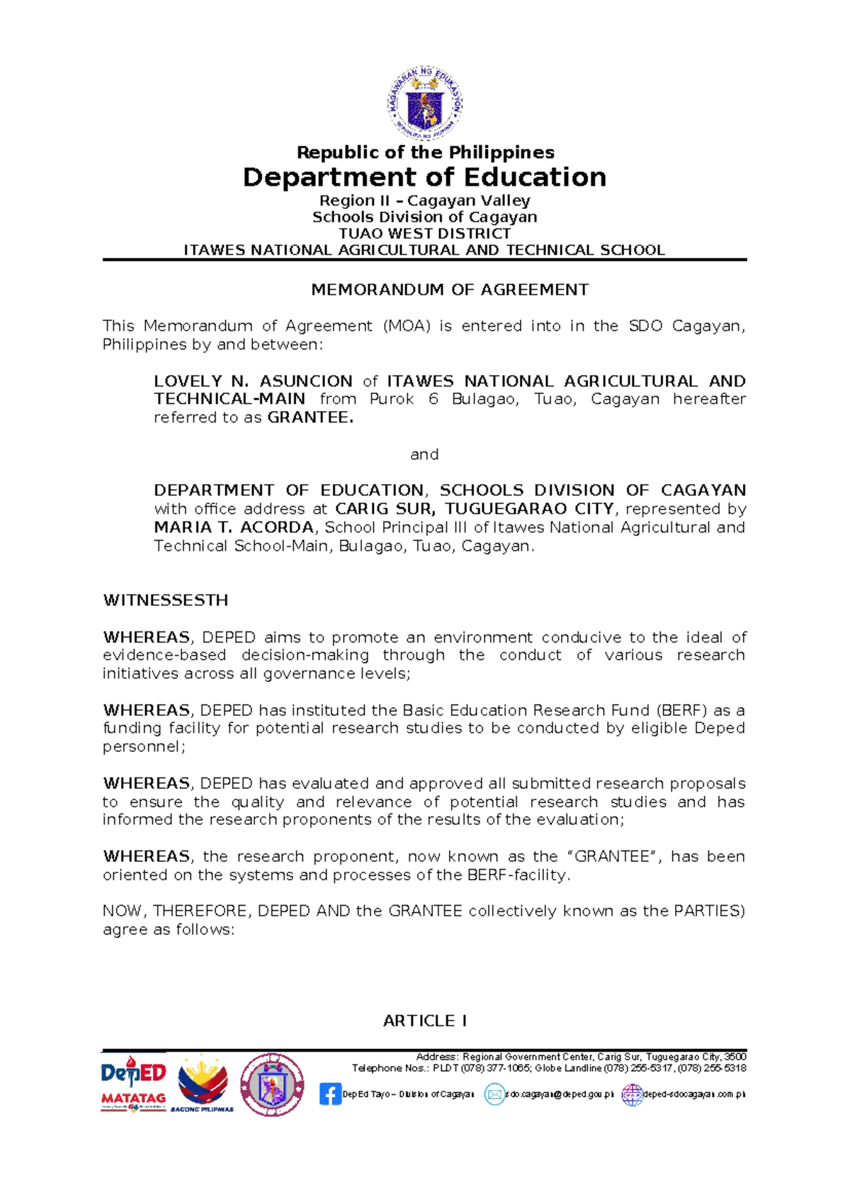 MOA - MOA - Republic of the Philippines Department of Education Region ...