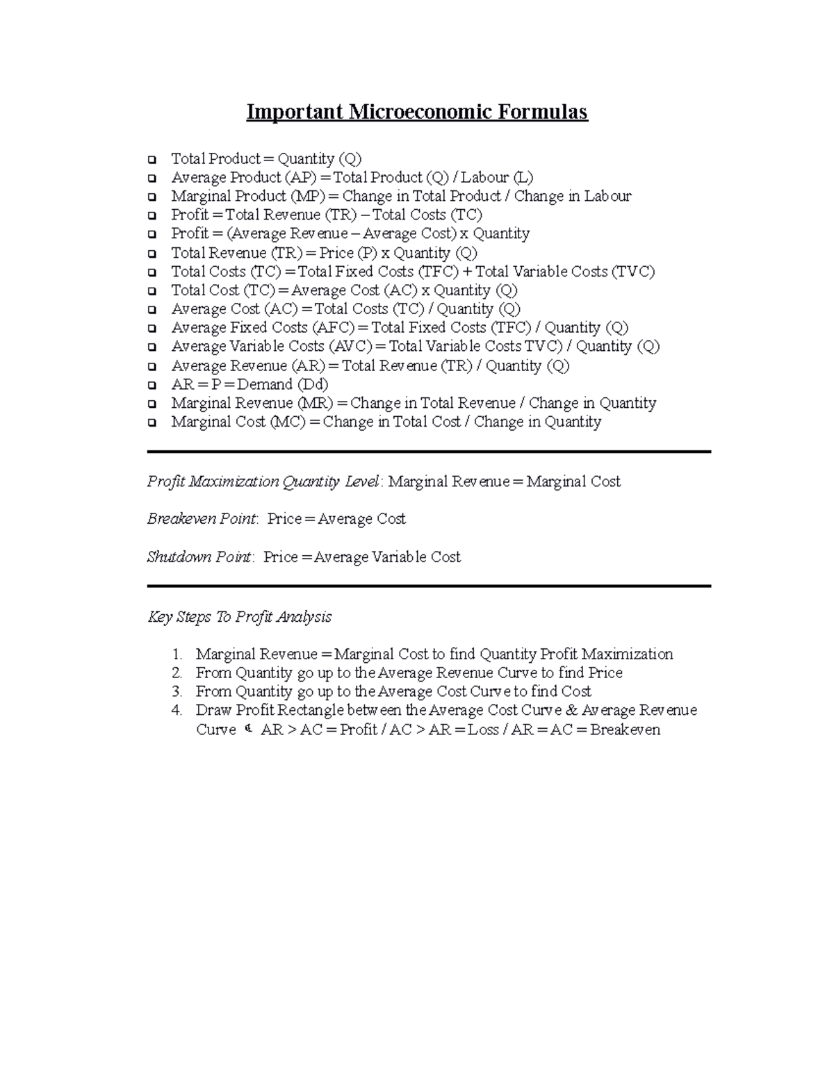 Ecs formula - Important Microeconomic Formulas Total Product = Quantity ...