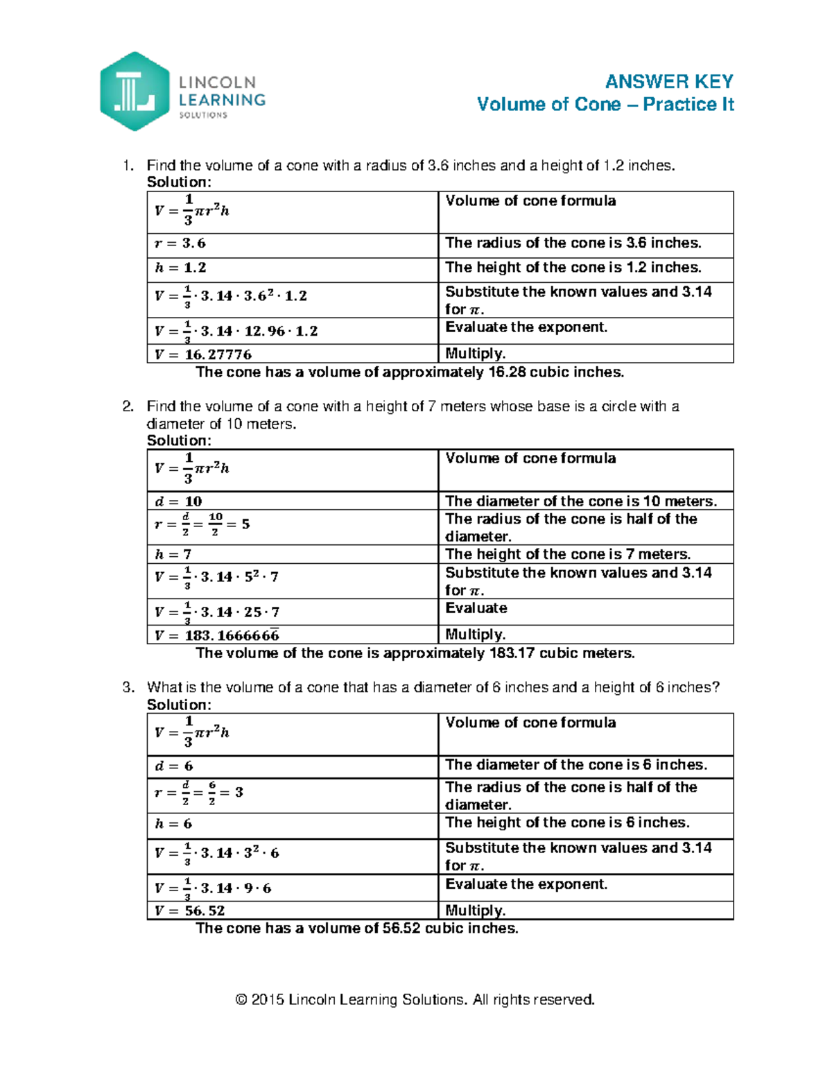 MA Applied Mathematics Volumeof Cone Practice It AK 1718 - ANSWER KEY ...