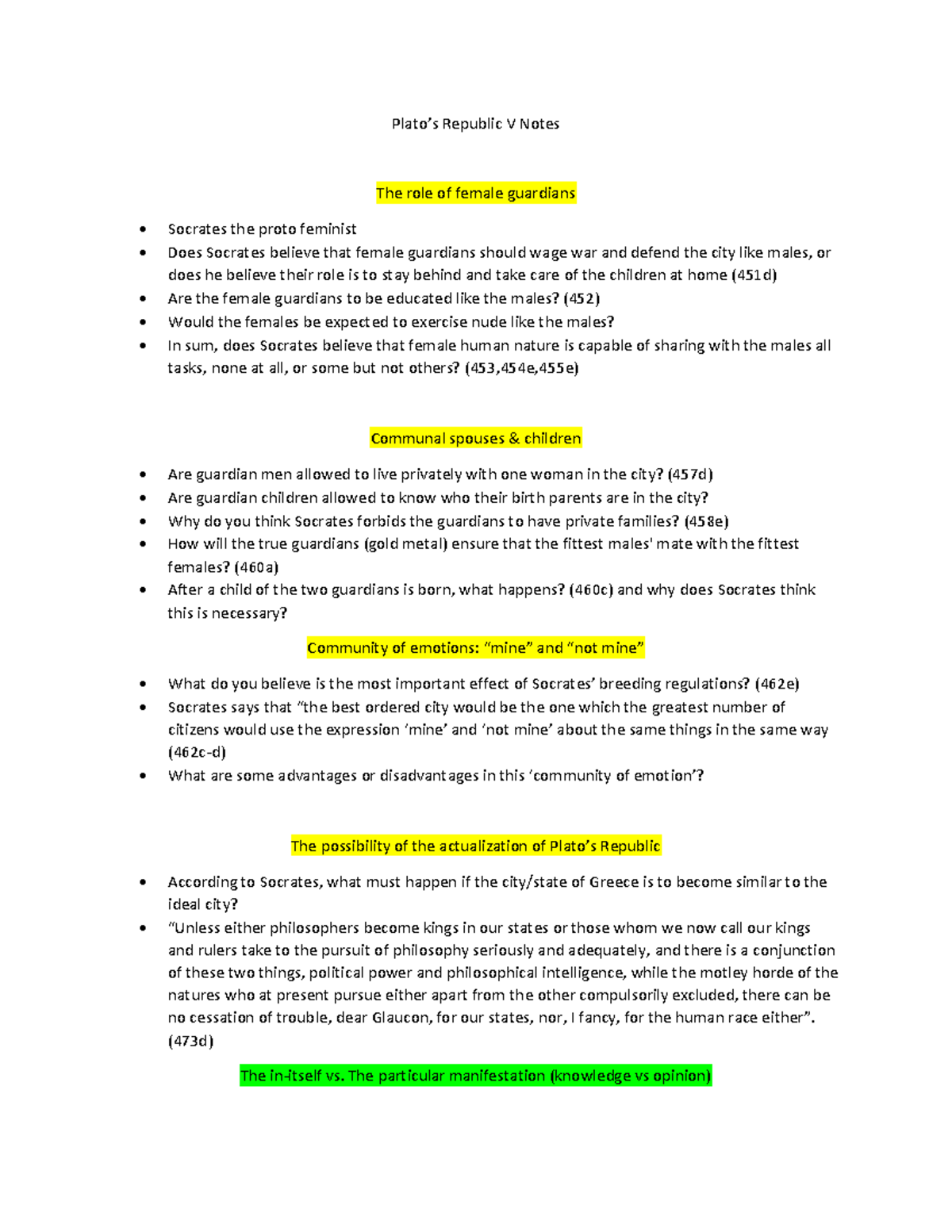 Plato's Republic V notes - Plato’s Republic V Notes The role of female ...