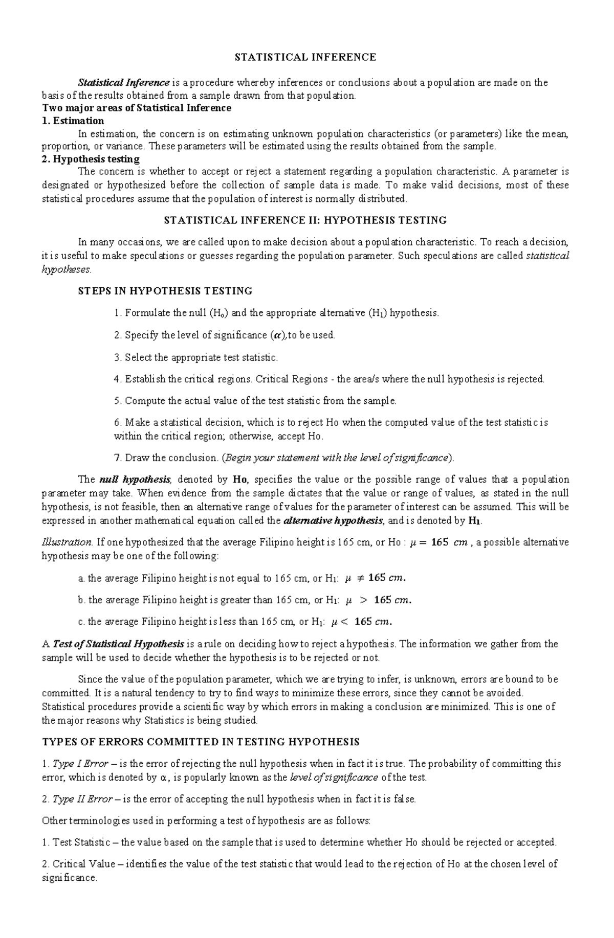 Hypothesis-Testing - statistics - STATISTICAL INFERENCE Statistical Inference is a procedure ...