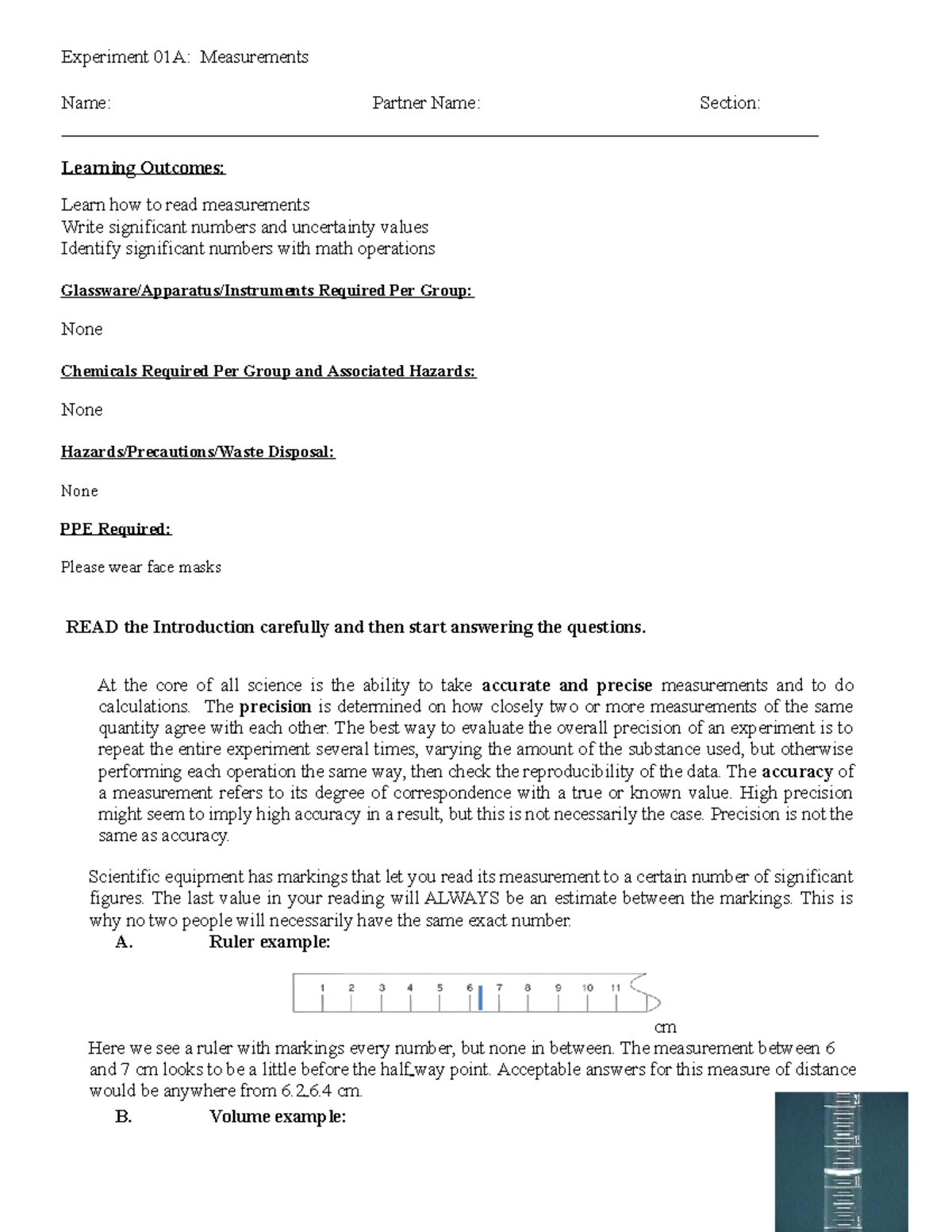 Sig Fig - Lab done in class to understand the concepts of measurements and sig figs - Name ...