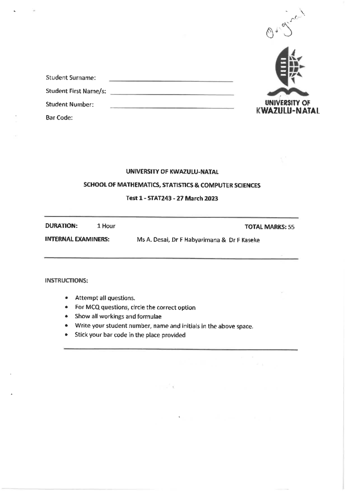 Stat243 Test1 Solutions Stat243 Studocu