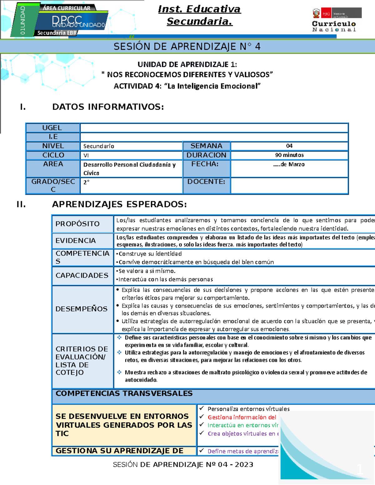 2º DPCC SES ACT.4 UNI 1 - 2023 - UNIDAD0 UNIDAD SESIÓN DE APRENDIZAJE N° 4 UNIDAD DE APRENDIZAJE ...
