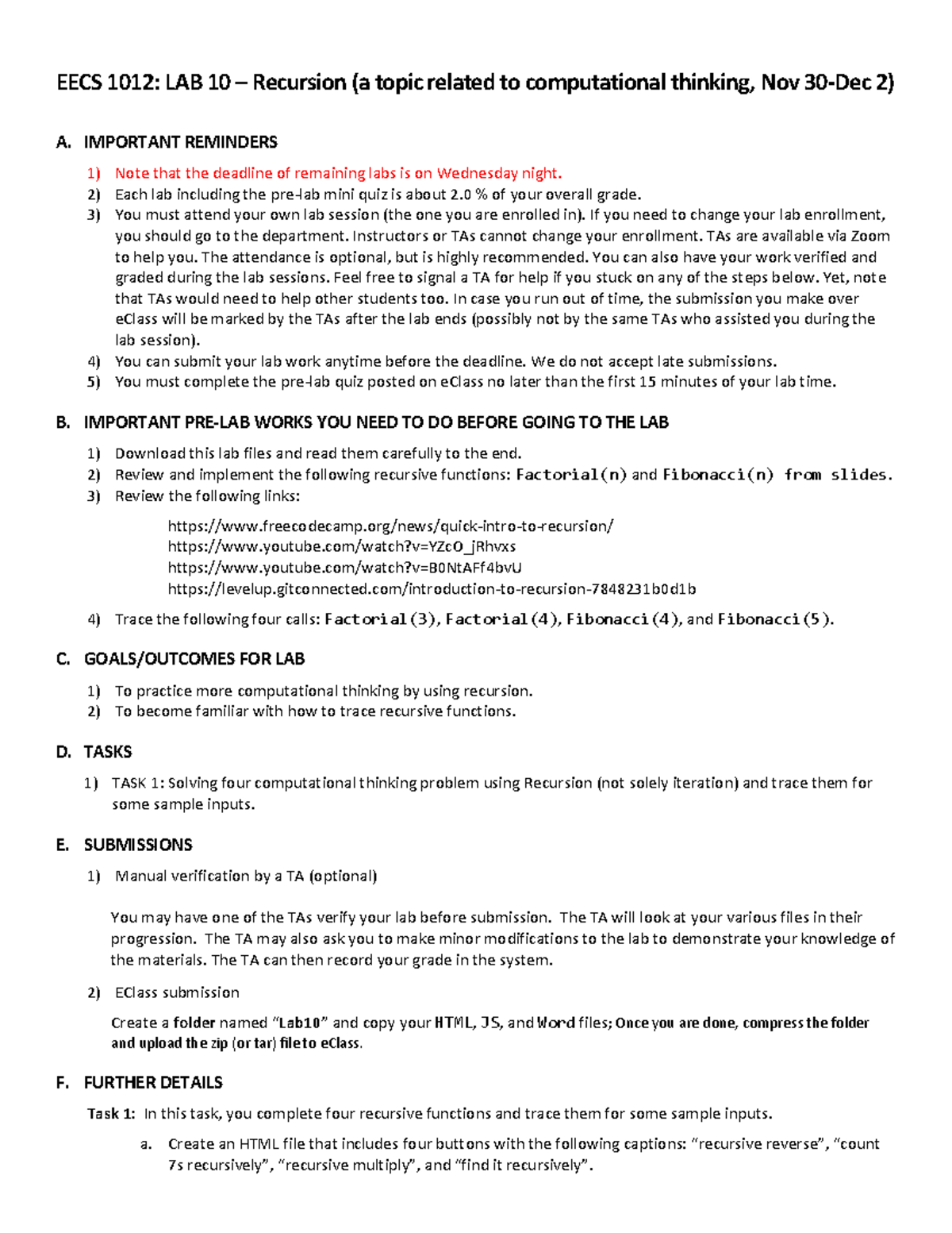 Lab10 information technology - EECS 1012: LAB 10 – Recursion (a topic ...