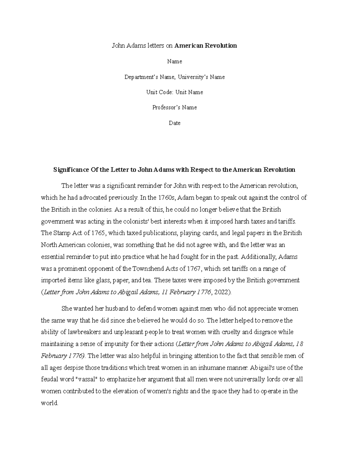 American Revolution - used for both students and tutors - John Adams ...