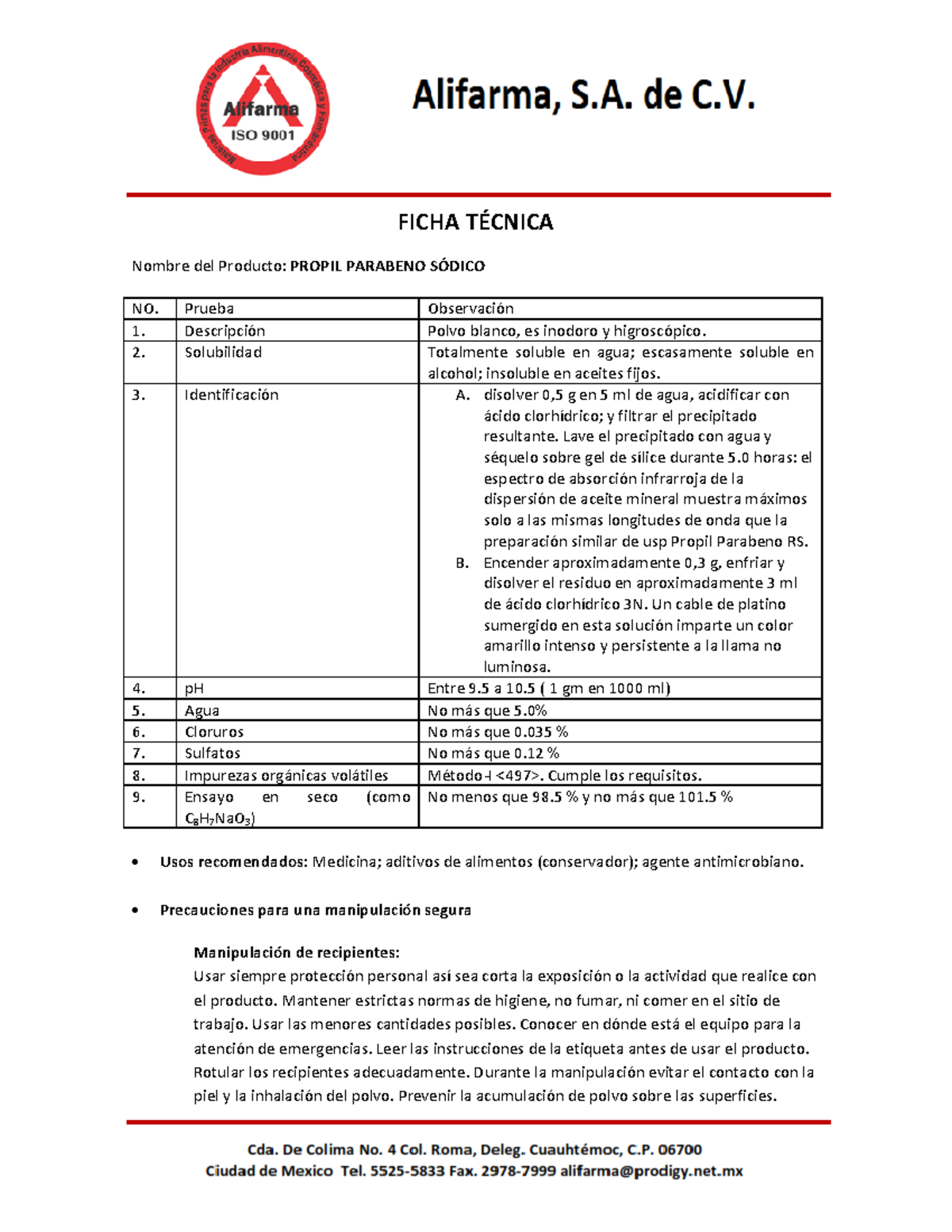 Ficha TÉ Cnica Alifarma Propil Paraben SÓDICO - FICHA TÉCNICA Nombre ...
