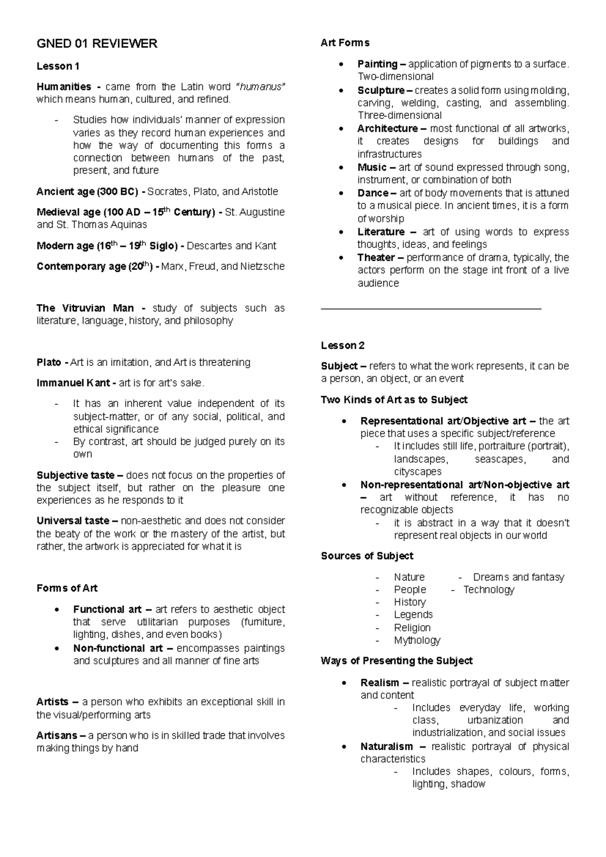 GNED 01 Reviewer - GNED 01 REVIEWER Lesson 1 Humanities - came from the ...