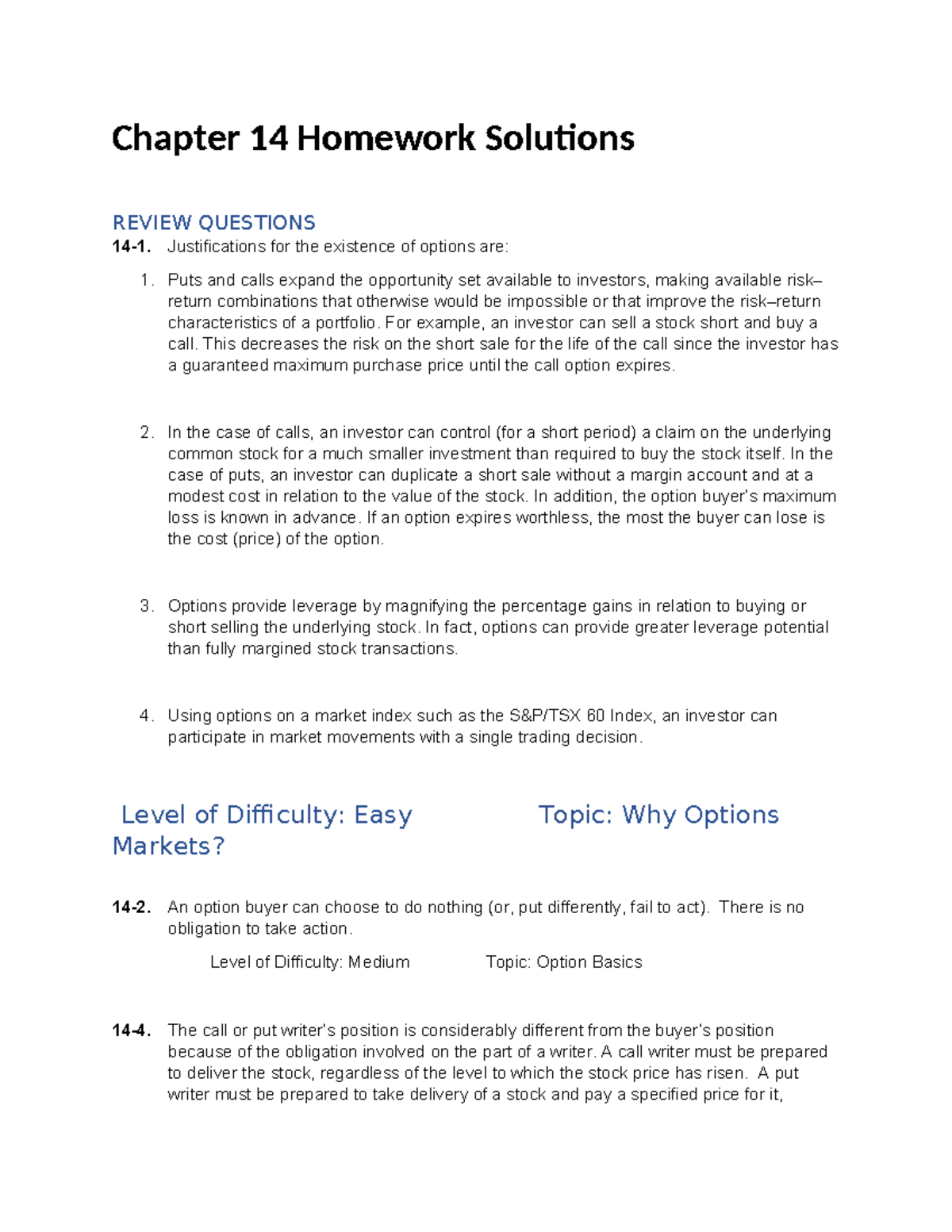 Chapter 14 Homework Solutions - Chapter 14 Homework Solutions REVIEW QUESTIONS 14-1 ...