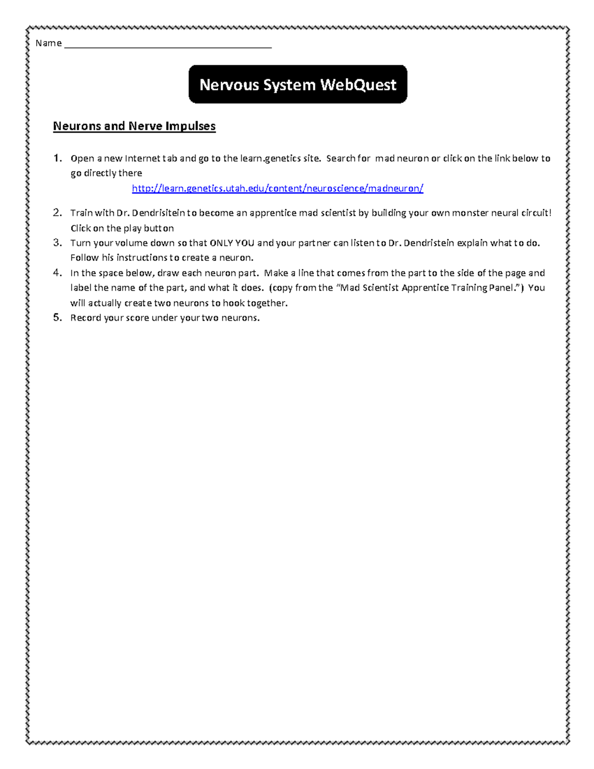 Nervous System Webquest - Nervous System WebQuest Neurons and Nerve ...