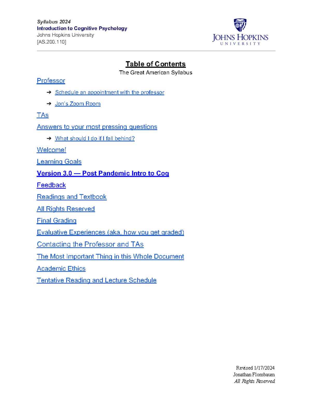 Course Syllabus - Introduction to Cognitive Psychology Johns Hopkins ...